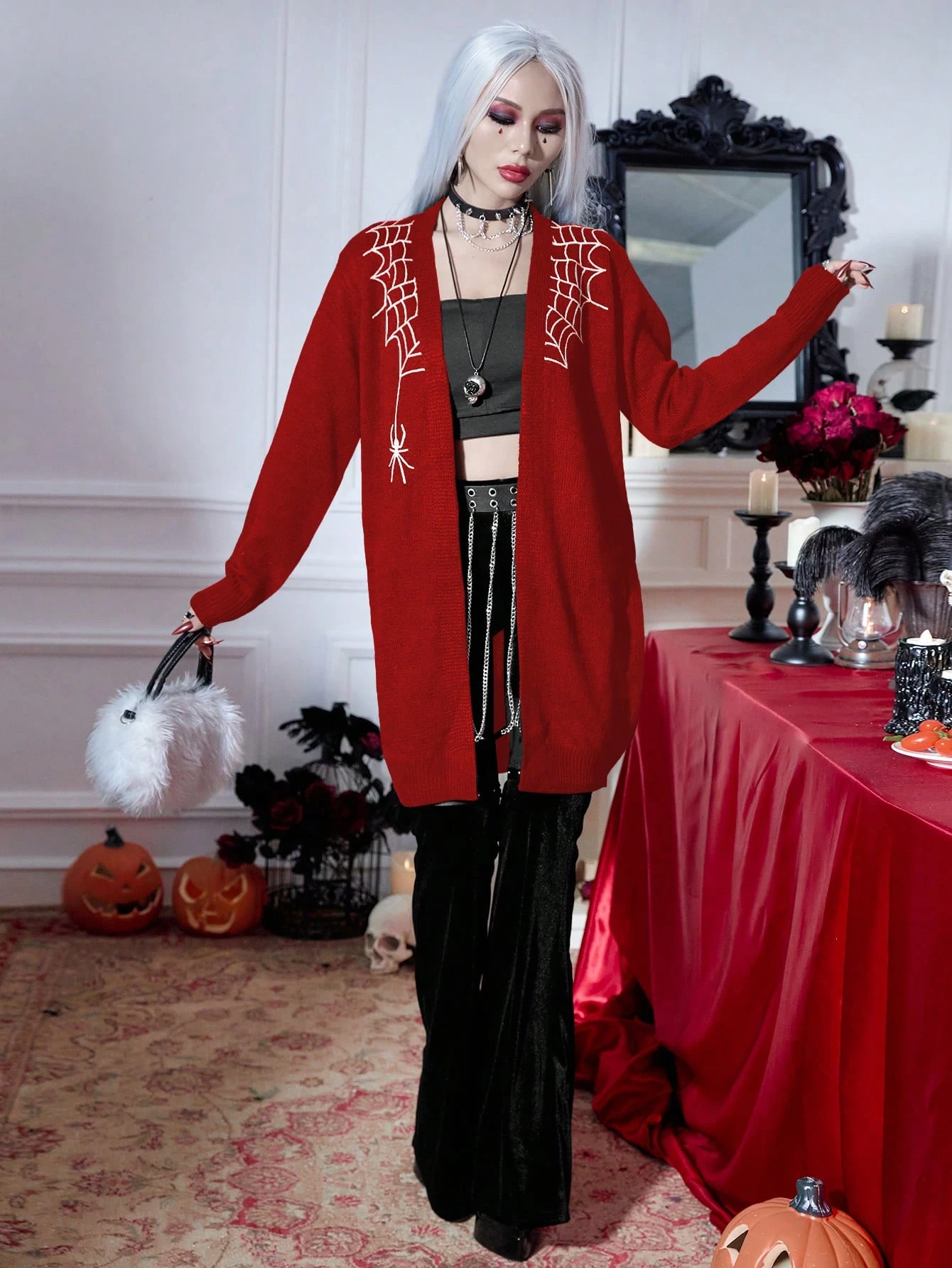 PUNK Spider Web Pattern Open Front Cardigan | SHEIN USA