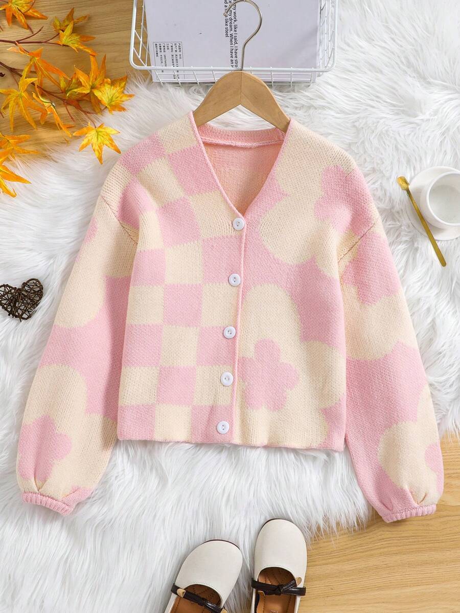 SHEIN Tween Girl Checker Pattern Drop Shoulder Cardigan | SHEIN USA
