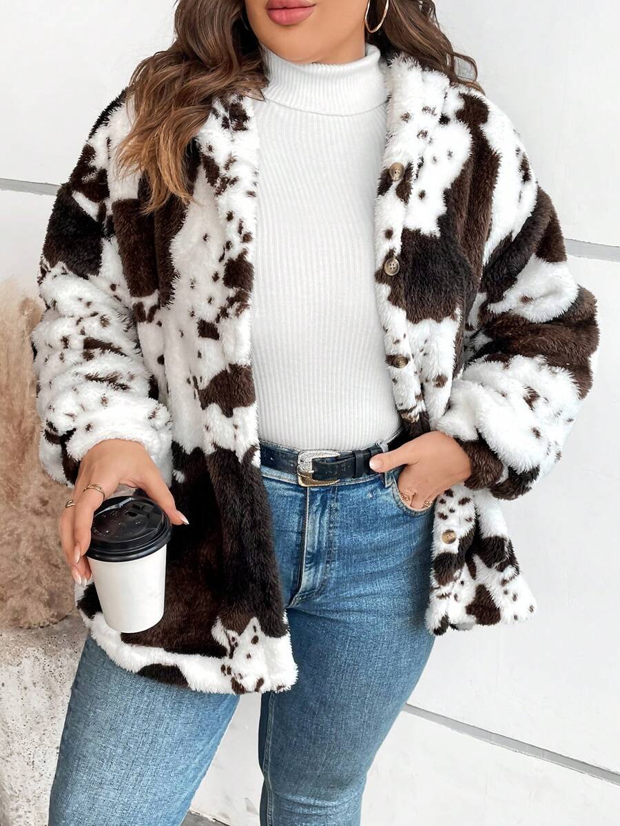 SHEIN CURVE+ Plus Cow Pattern Drop Shoulder Hooded Teddy Coat Thermal ...