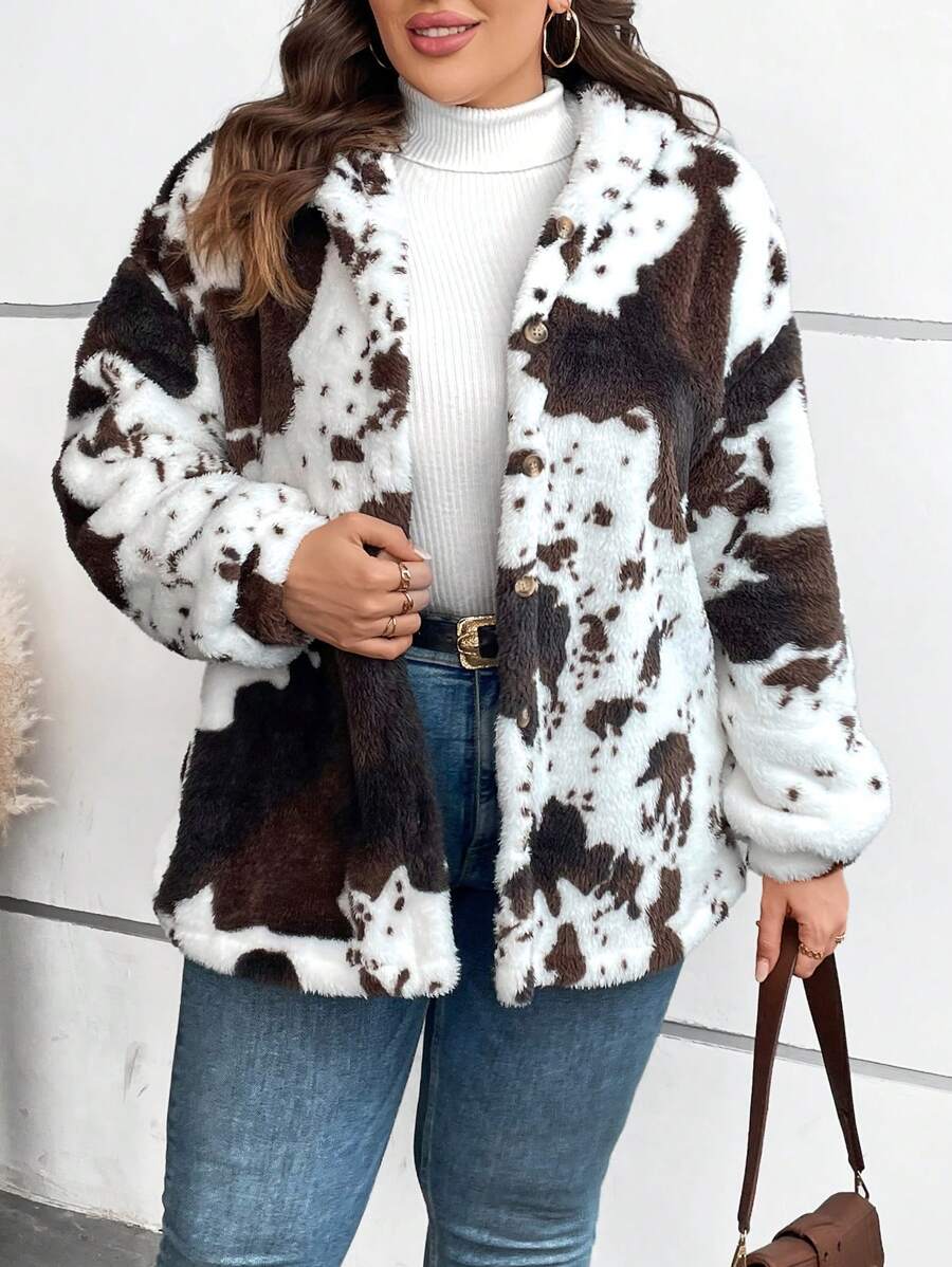 SHEIN CURVE+ Plus Cow Pattern Drop Shoulder Hooded Teddy Coat Thermal ...