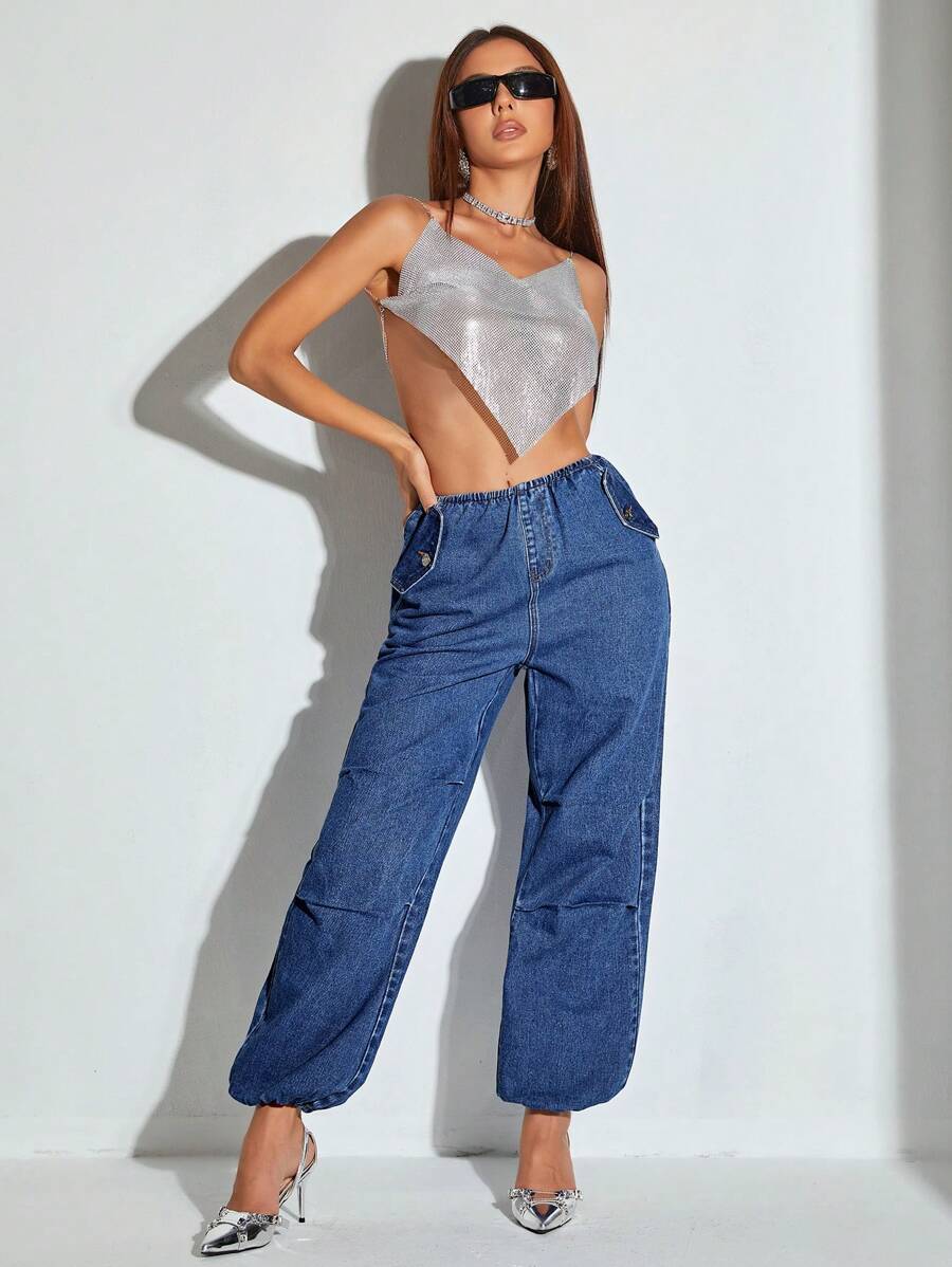 SHEIN BAE Elastische taille Schuine zak Jeans | SHEIN Nederland