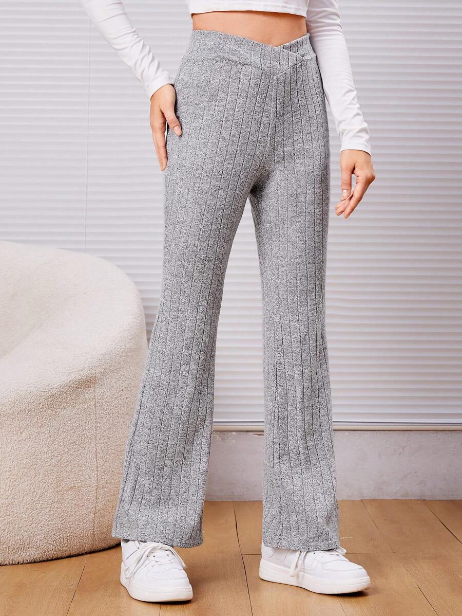 Teen Girls' Ribbed Knitted Fleece Flare Pants, V-Waistline And Casual ...