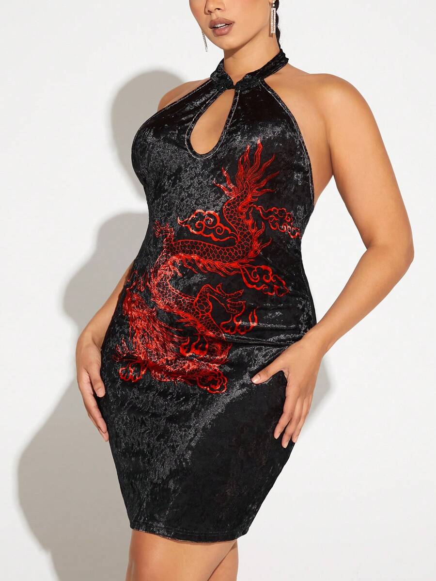 SHEIN SXY Plus Chinese Dragon Print Halter Neck Backless Velvet Bodycon ...