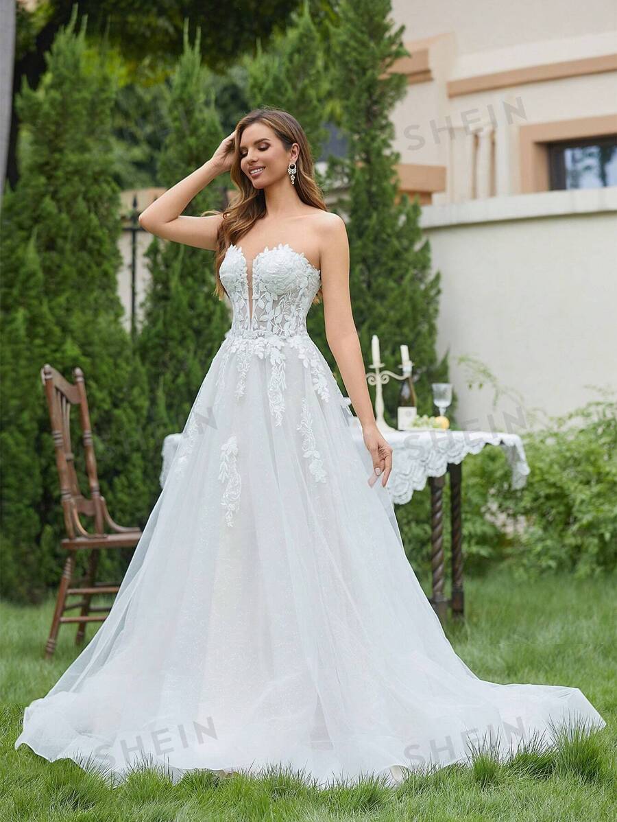 Contrast Embroidery Mesh Tube Wedding Dress | SHEIN USA