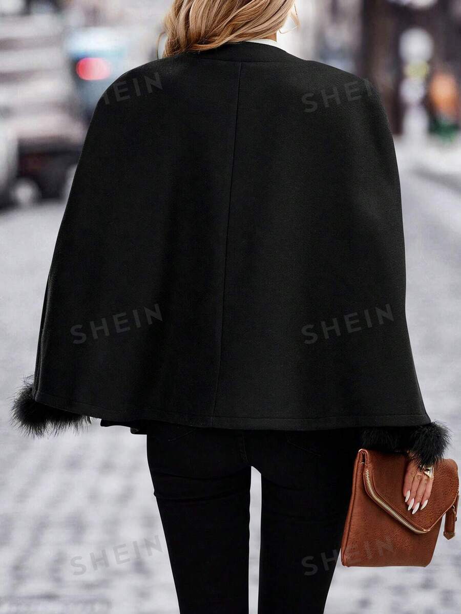 SHEIN Clasi Fuzzy Cuff Cloak Sleeve Belted Overcoat | SHEIN UK