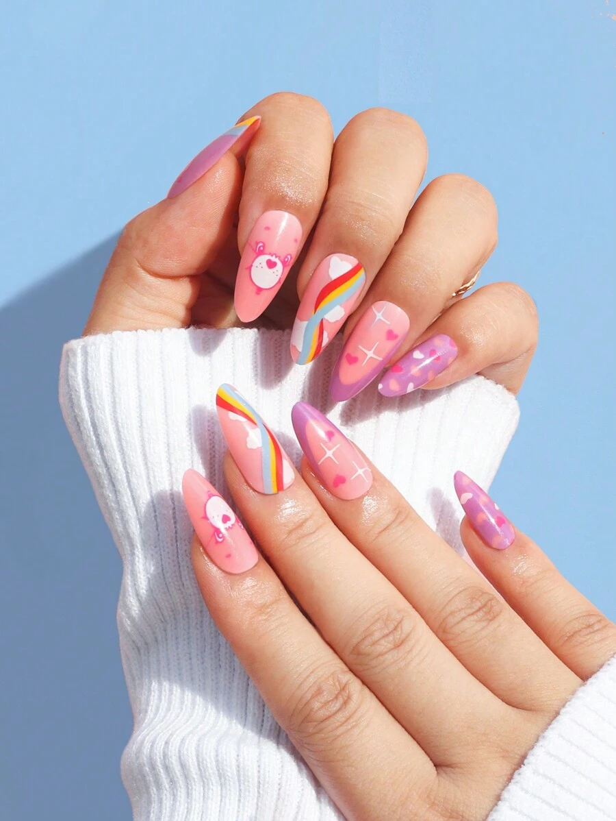 SHEIN X Care Bears Lovely Heart Shaped Bear Faux Nail Tips, Pink ...