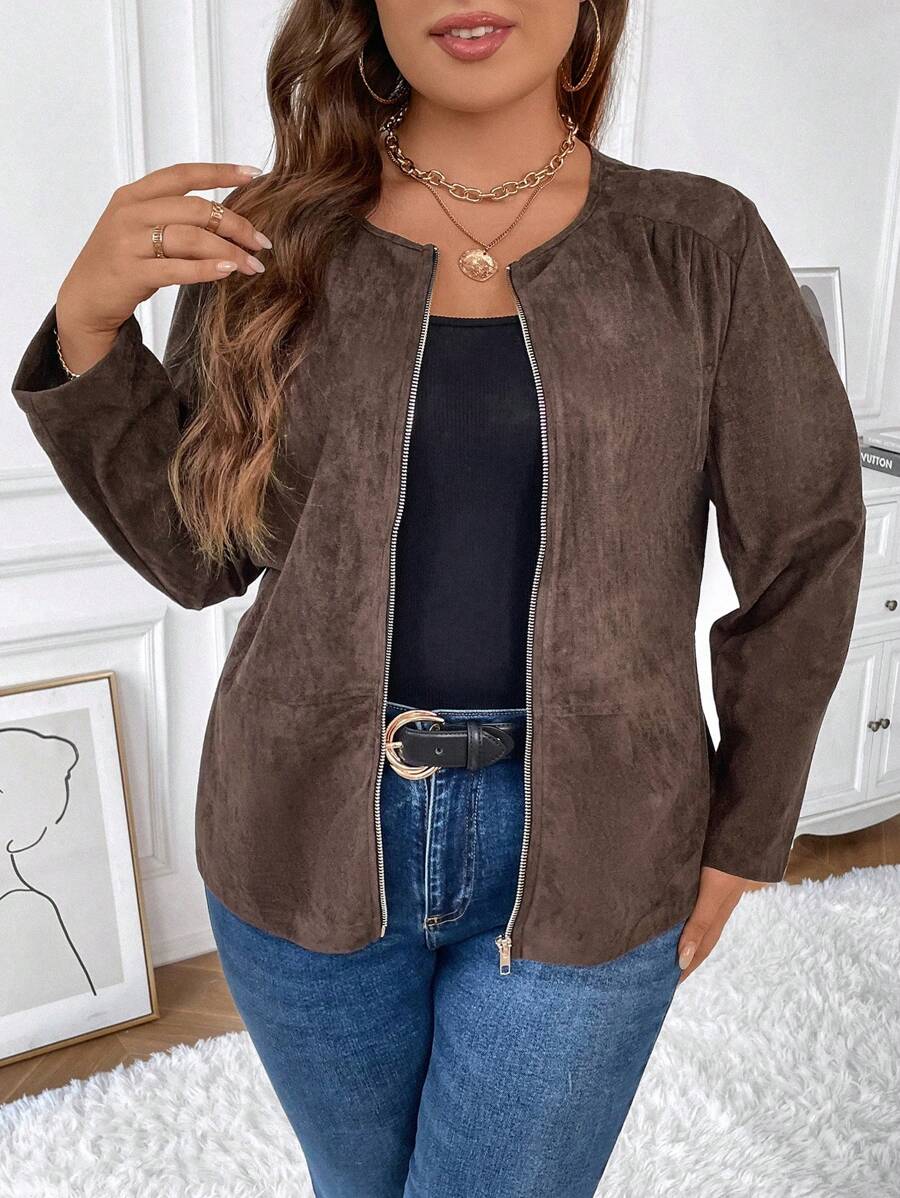 SHEIN Clasi Plus Zip Up Corduroy Jacket | SHEIN