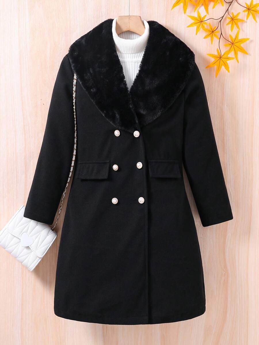 SHEIN Tween Girl Borg Collar Double Breasted Overcoat | SHEIN UK