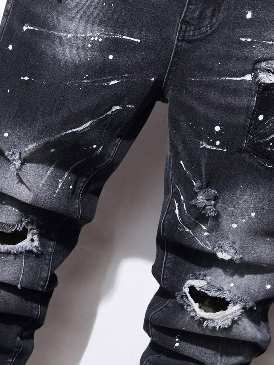 Manfinity Legnd Men Cotton Splash Ink Print Ripped Frayed Jeans Slim