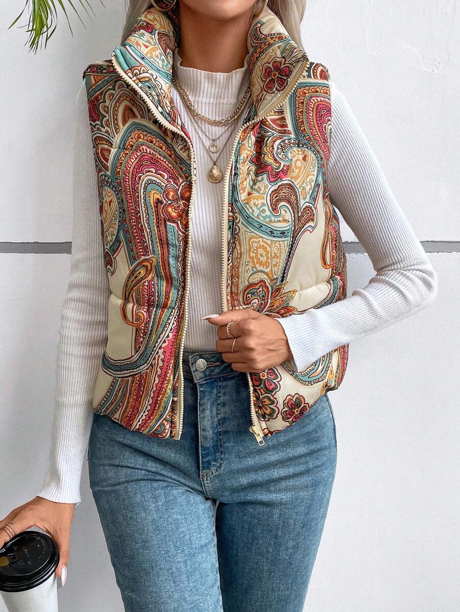 SHEIN LUNE Paisley Print Zip Up Vest Padded Padded Coat,Ladies Late ...