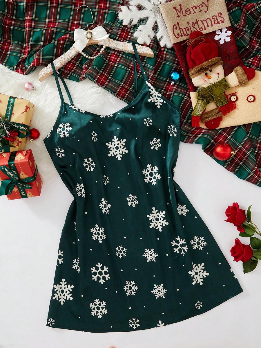 Plus Christmas Snowflake Print Satin Cami Nightdress | SHEIN USA