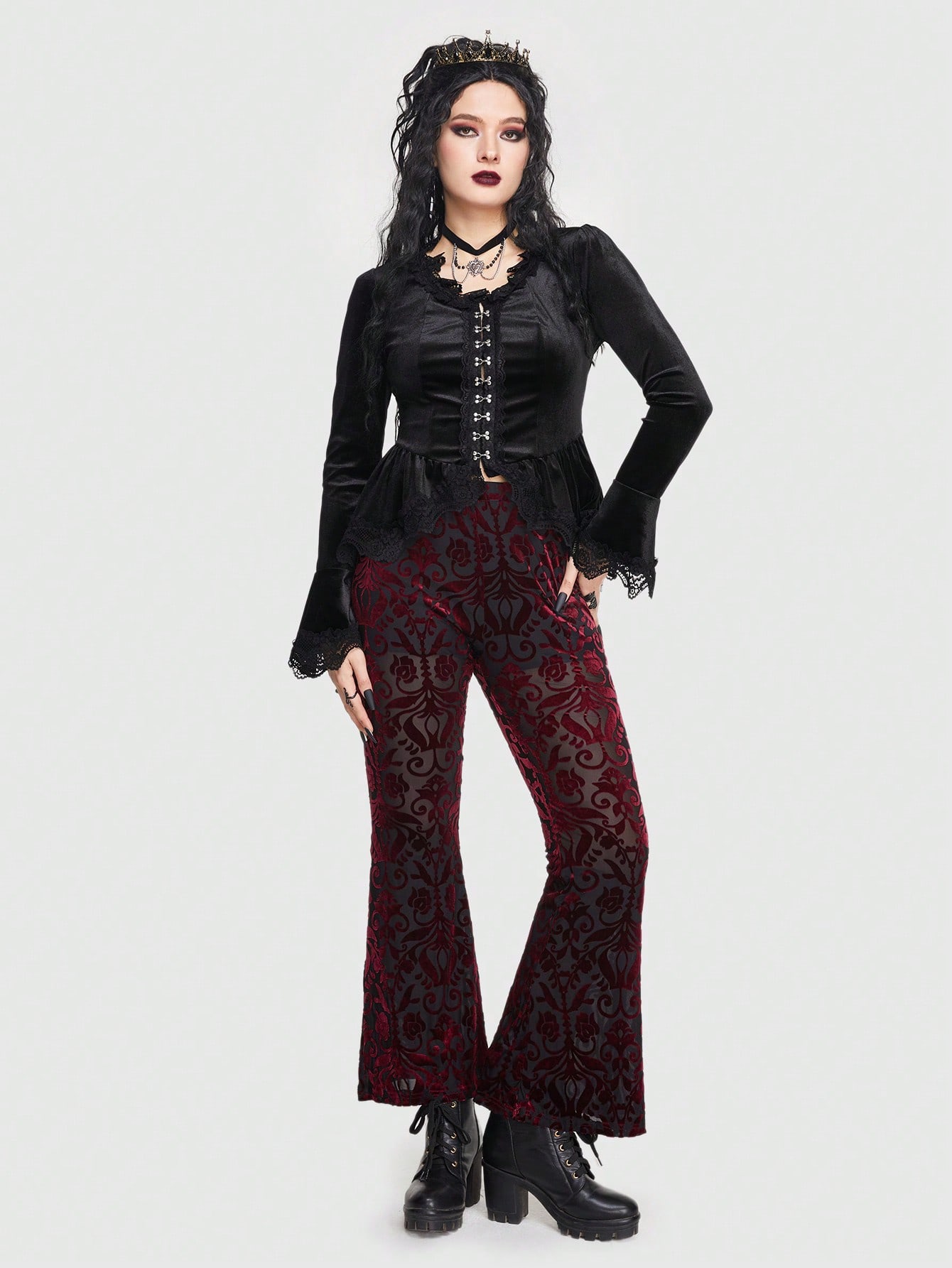 ROMWE Goth Hook And Eye Contrast Lace Peplum Top | SHEIN USA