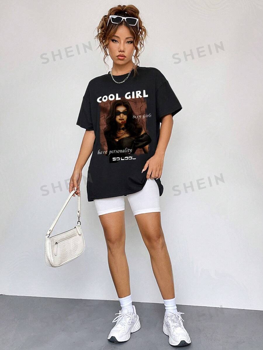 Shein Coolane Slogan And Figure Graphic Drop Shoulder Tee Cool Girl Sexy