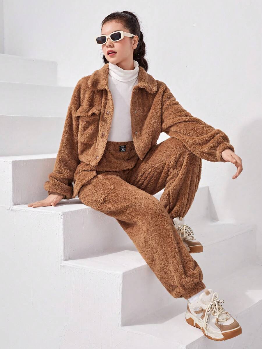 SHEIN Teen Girl Flap Pocket Drop Shoulder Teddy Jacket & Pants | SHEIN USA
