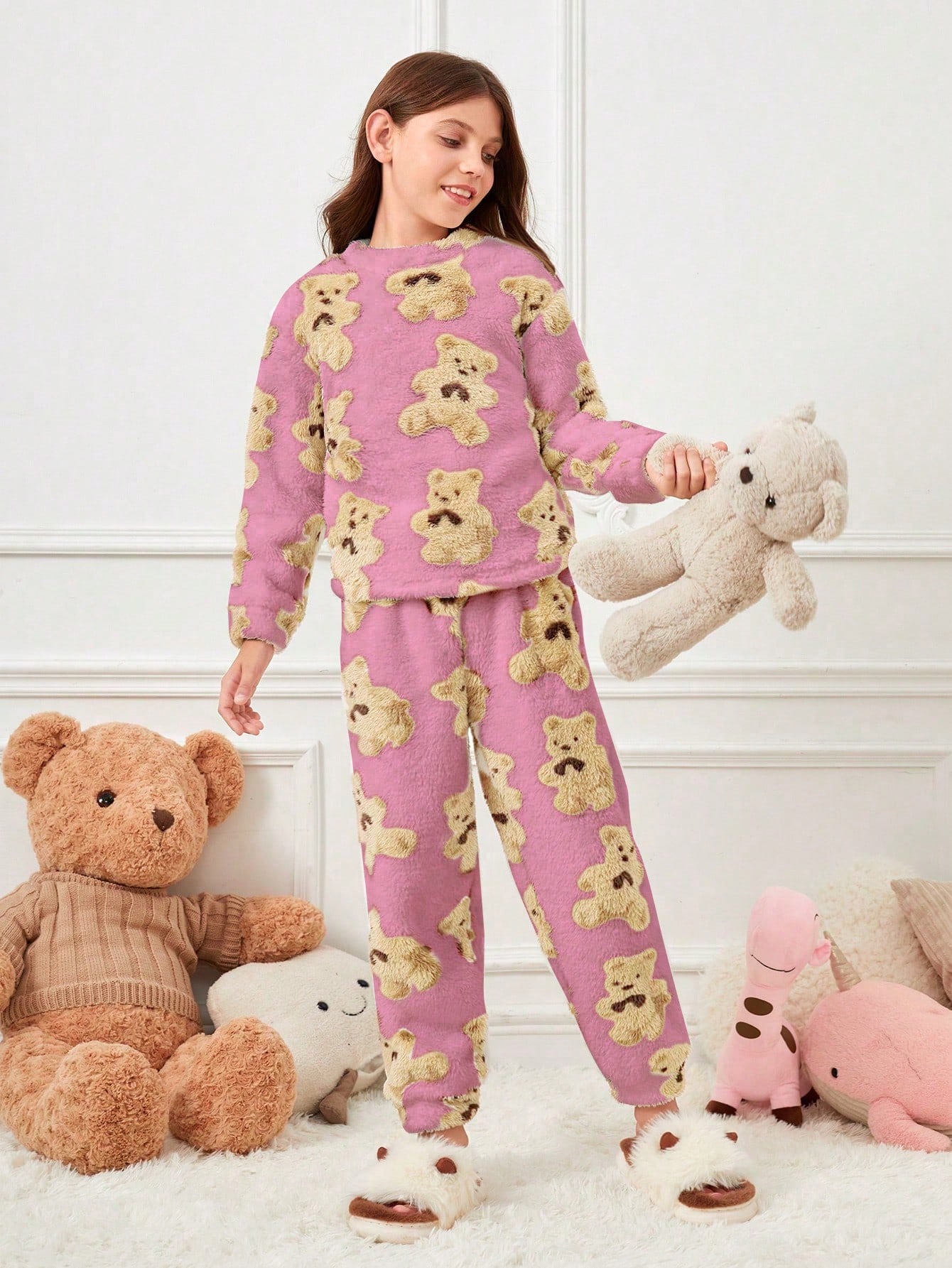 Tween Girl Bear Pattern Flannel PJ Set | SHEIN UK