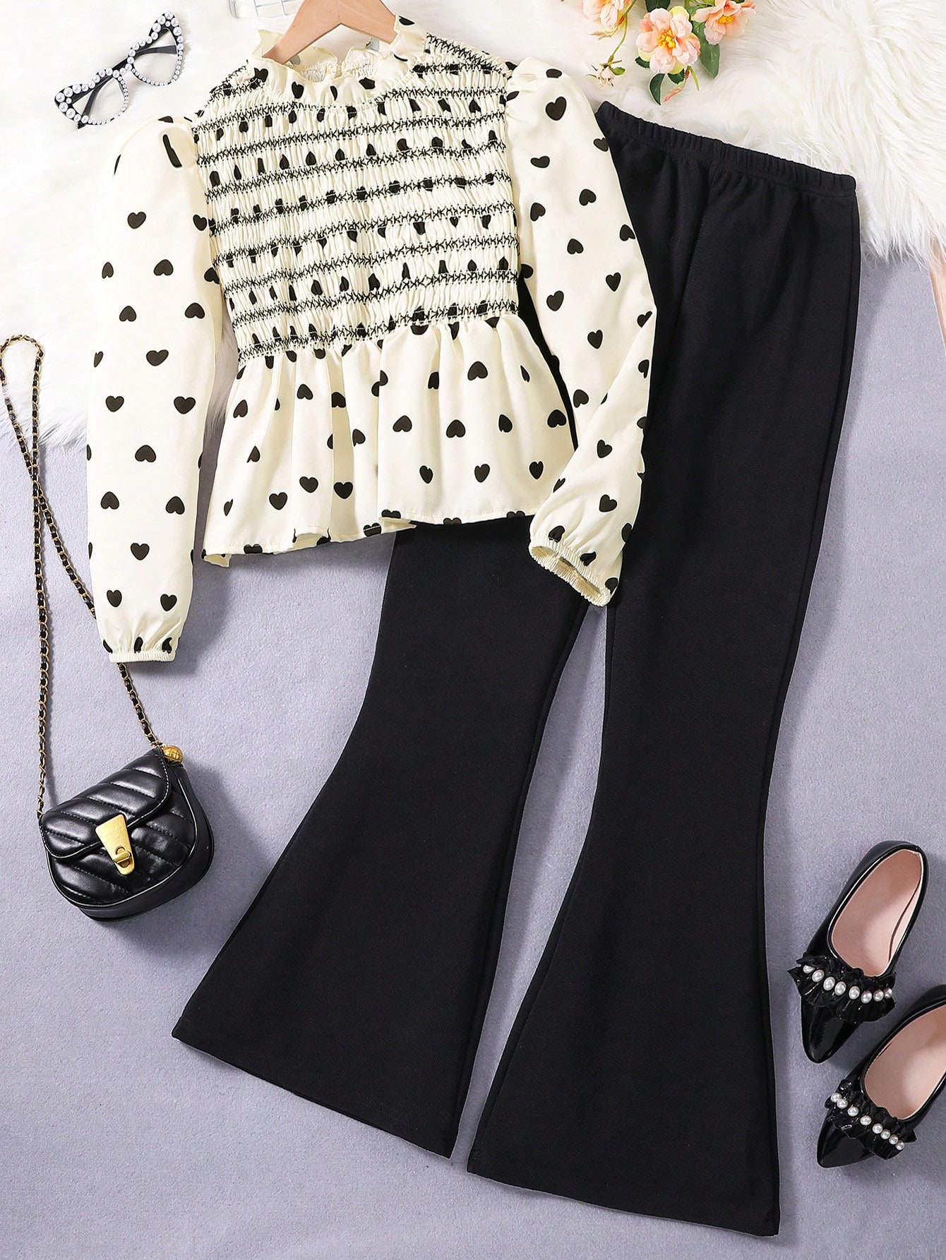 Shein Tween Girl Heart Print Peplum Top And Flare Leg Pants Shein Usa