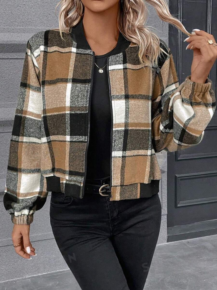 SHEIN LUNE Plaid Print Zip Up Jacket | SHEIN UK
