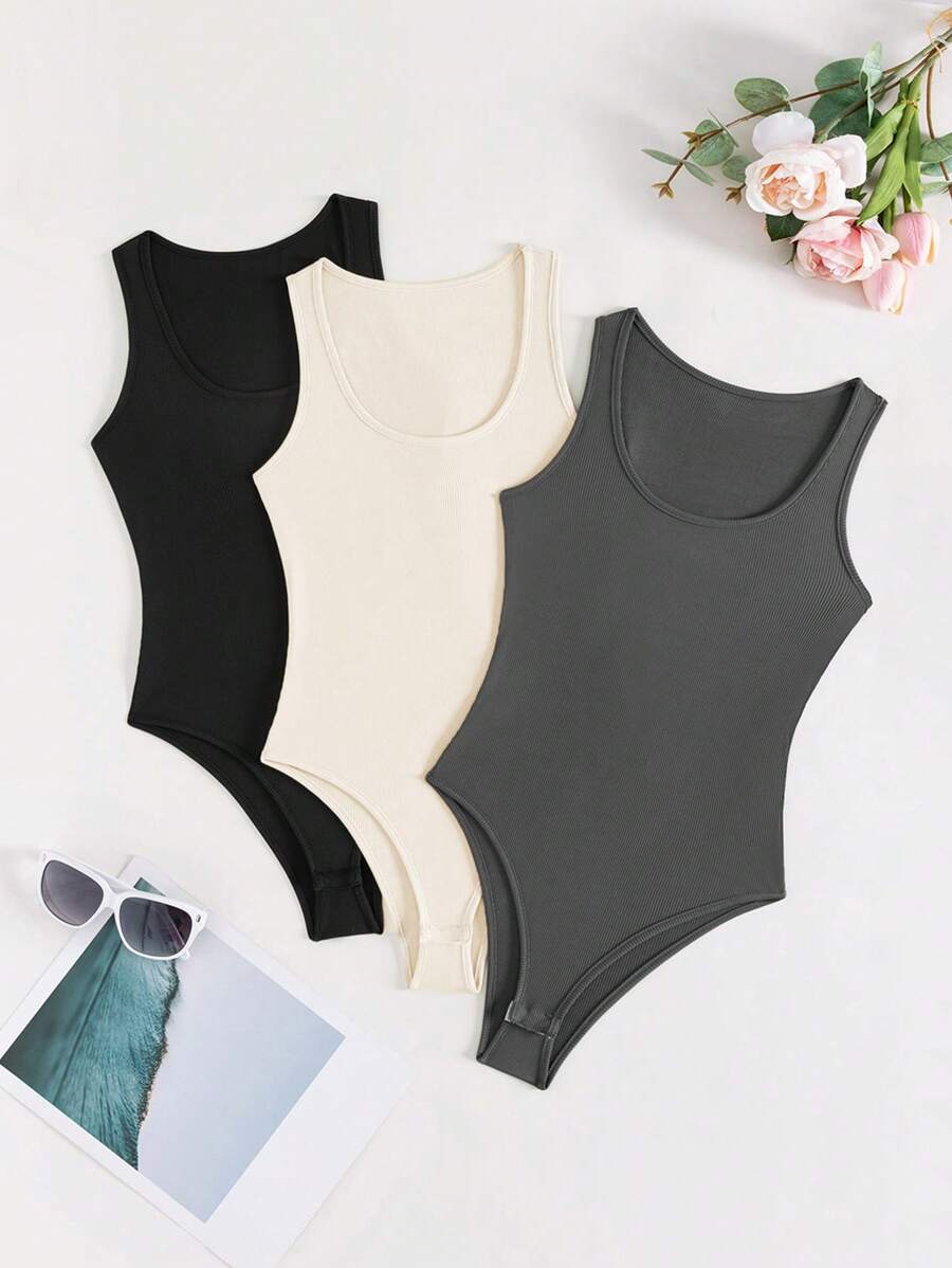 3pcs Solid Ribbed Knit Bodysuit | SHEIN USA
