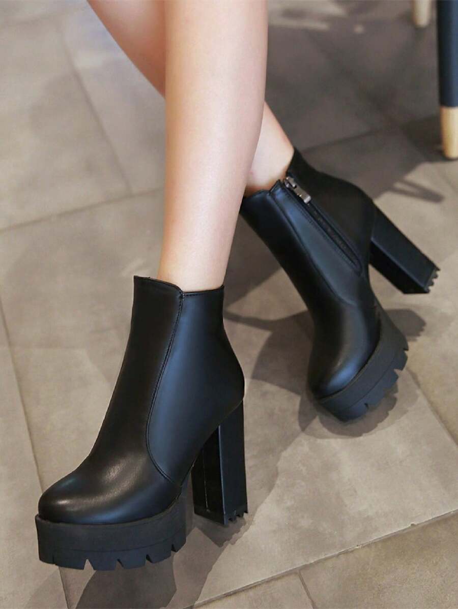 Outdoor & Casual Chunky Heel Simple Design Side Zipper High Heeled ...