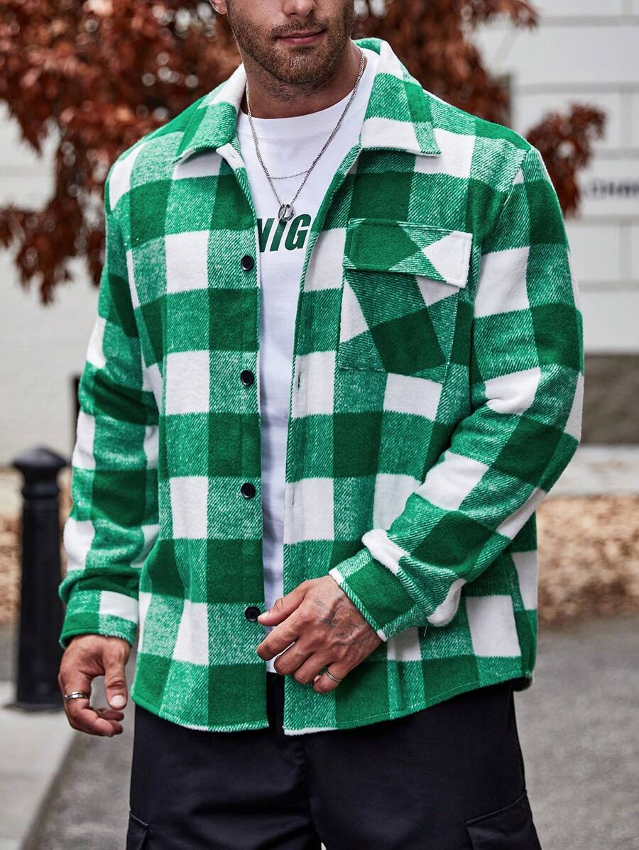 Manfinity Homme Men Plus Buffalo Plaid Print Flap Pocket Shacket | SHEIN USA