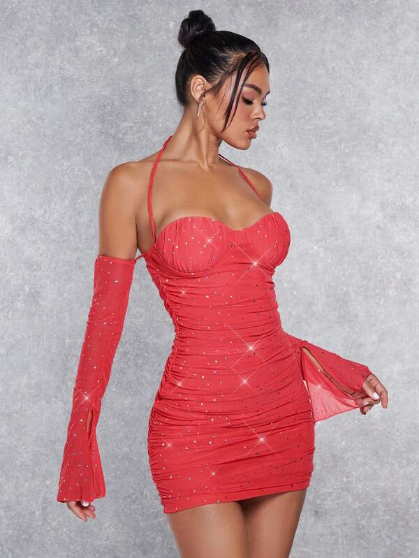 Shein Bae Tie Backless Ruched Sequin Bodycon Dress Shein Usa