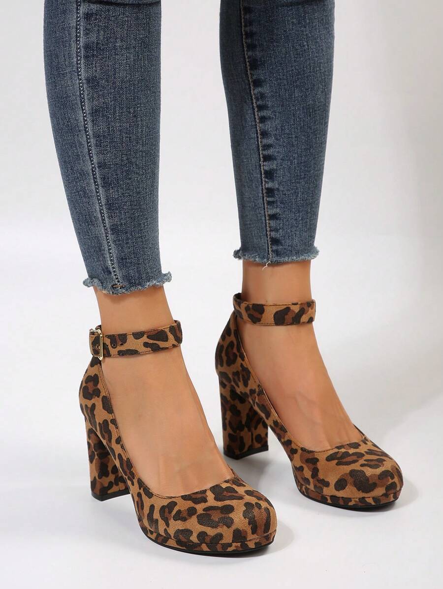Leopard Print Chunky Heel Ankle Strap High Heels | SHEIN USA