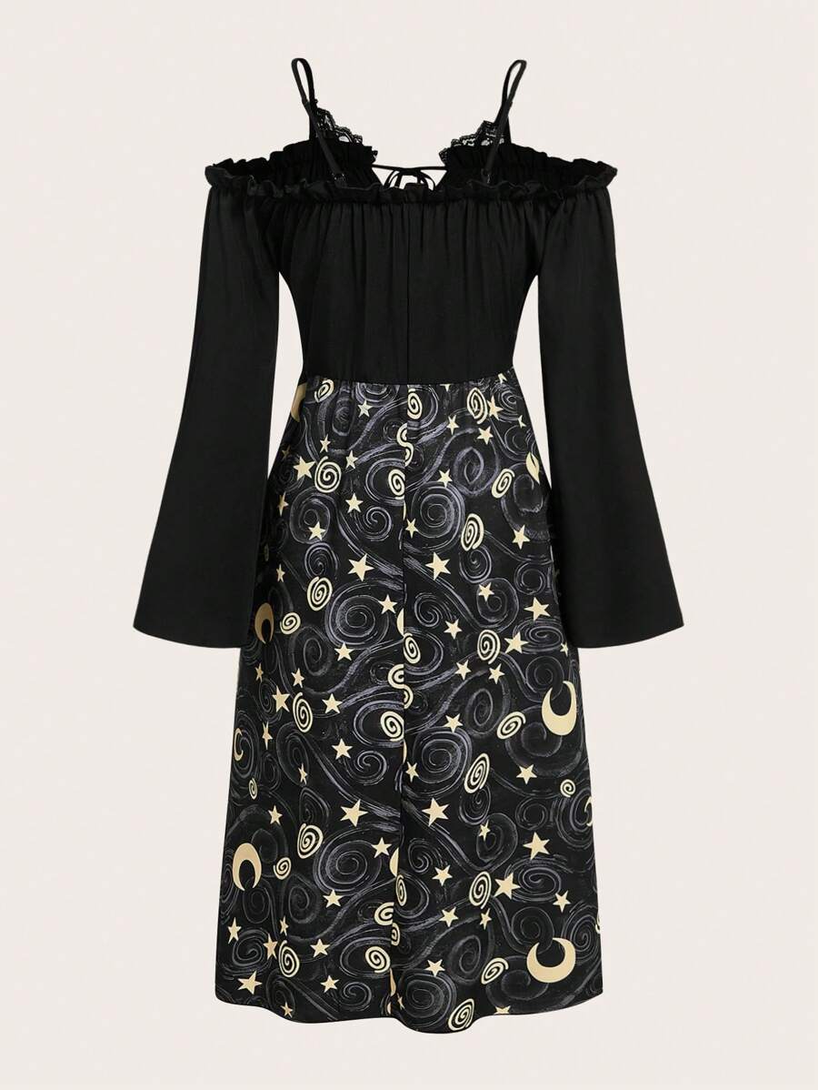 ROMWE Fairycore Sun & Moon Graphic Cold Shoulder Lace Trim Dress | SHEIN UK