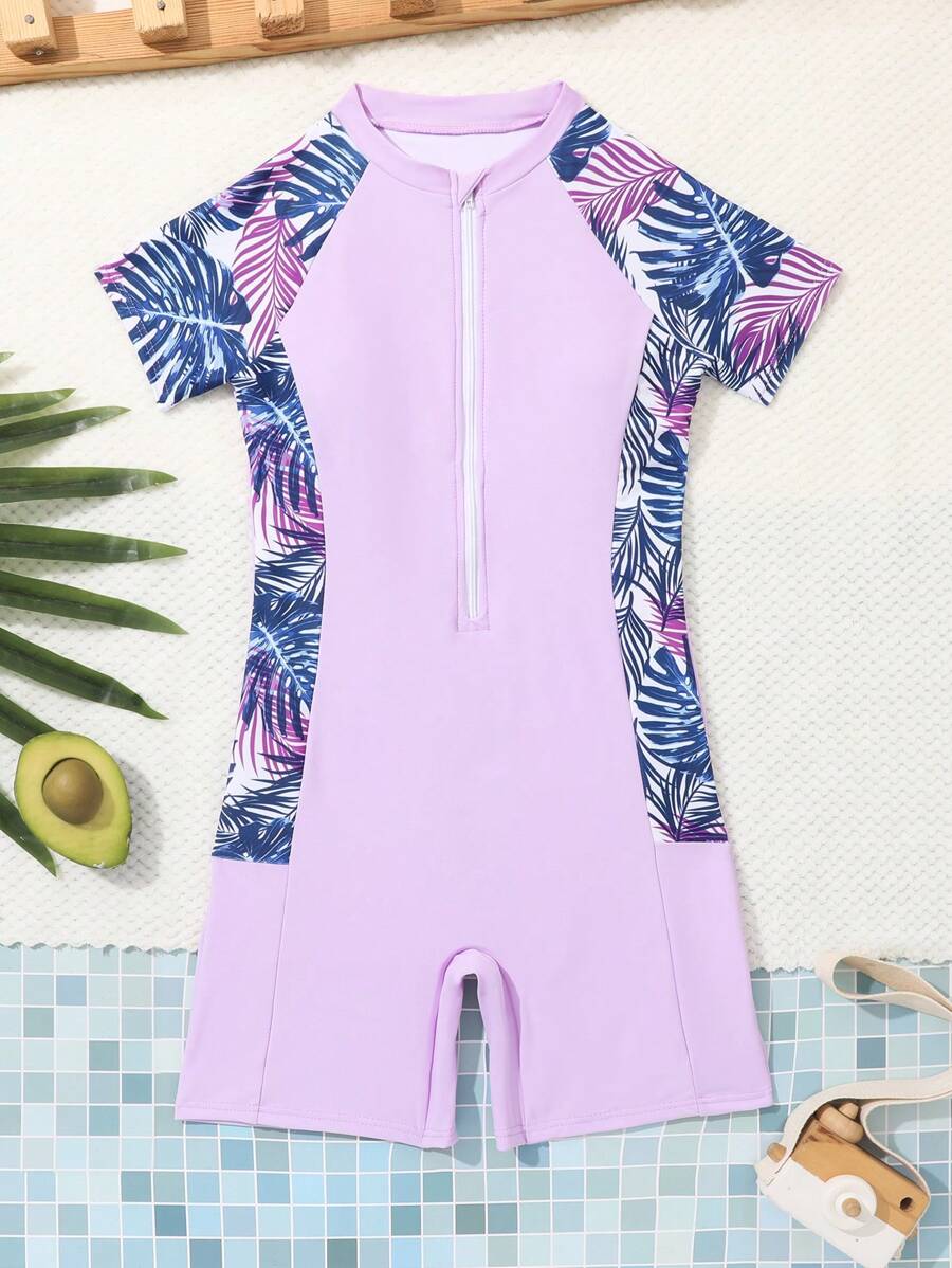 Tween Girl Plant Print Zipper Front One Piece Swimsuit | SHEIN USA
