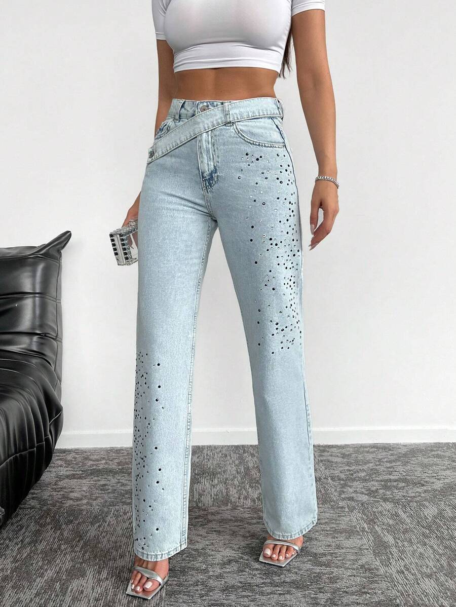 Rhinestone Decor Straight Leg Jeans | SHEIN USA