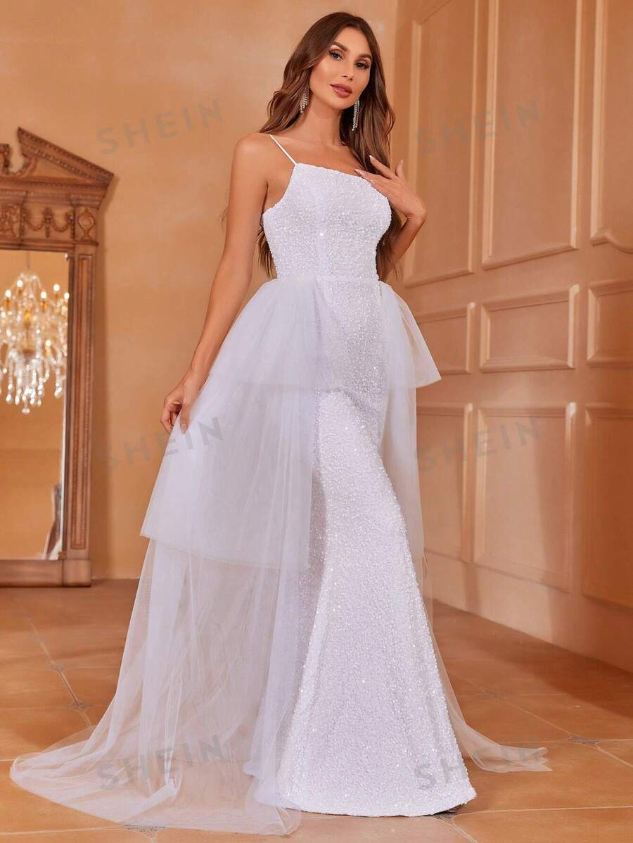 One Shoulder Mesh Panel Sequin Wedding Dress | SHEIN USA