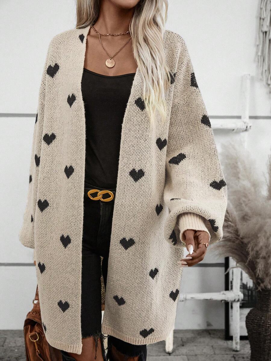 SHEIN LUNE Heart Pattern Drop Shoulder Cardigan,Long Sleeve Tops ...