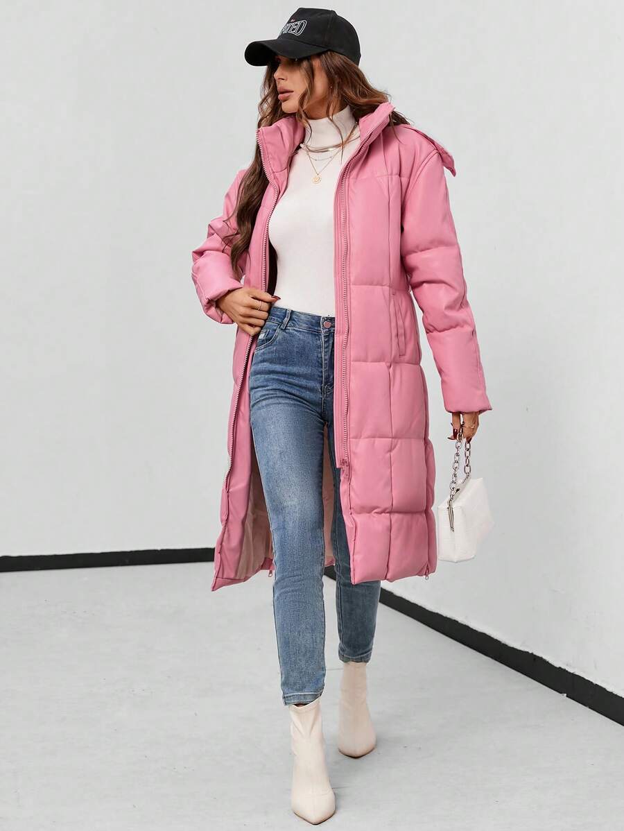 SHEIN Essnce Women's Solid Color Zip-Up Long Sleeve Casual Hooded Padded Padded Coat Clothes ...