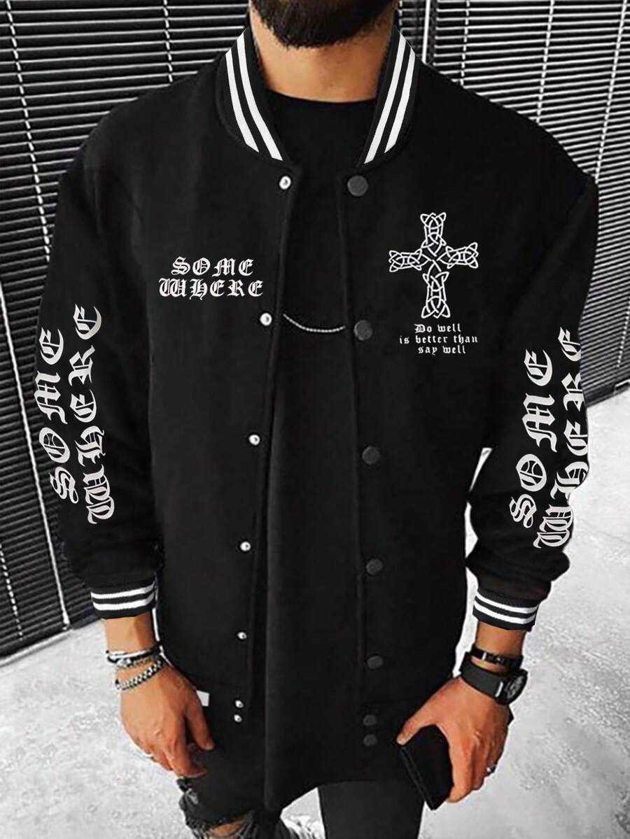 Manfinity EMRG Men's Oversized Jacket With Letter Graphic And Striped ...