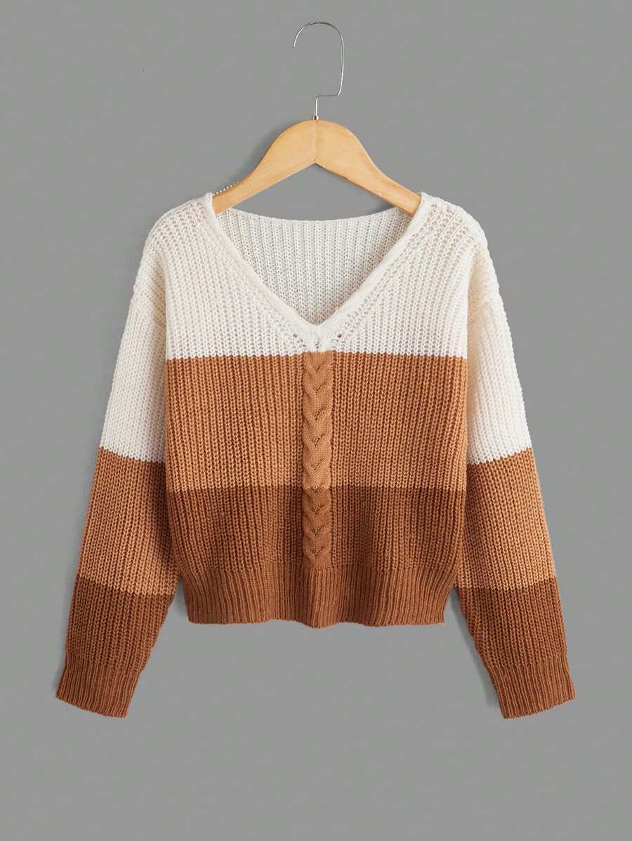 SHEIN Tween Girls Color Block Drop Shoulder Sweater | SHEIN USA