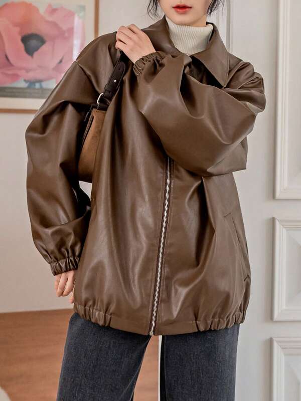 Dazy-Less Kpop Drop Shoulder Slant Pockets PU Jacket | SHEIN UK