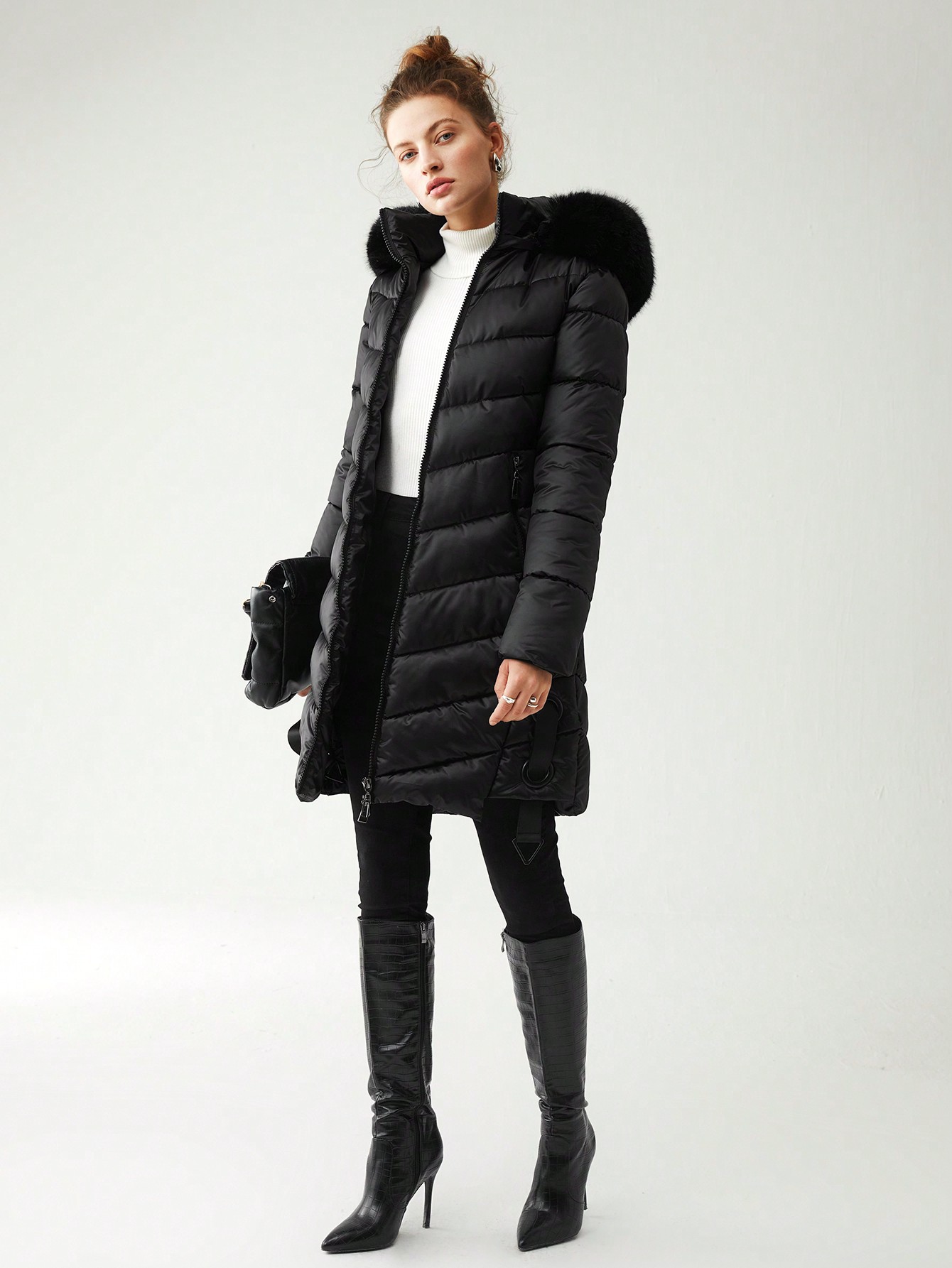 Anewsta Fuzzy Trim Zipper Hooded Padded Coat | SHEIN USA