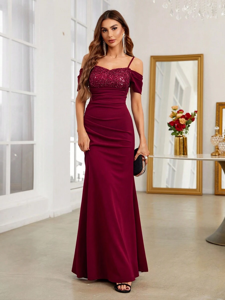 SHEIN Belle Burgundy Red Cold Shoulder Contrast Sequin Mermaid Hem Formal Dress | SHEIN USA