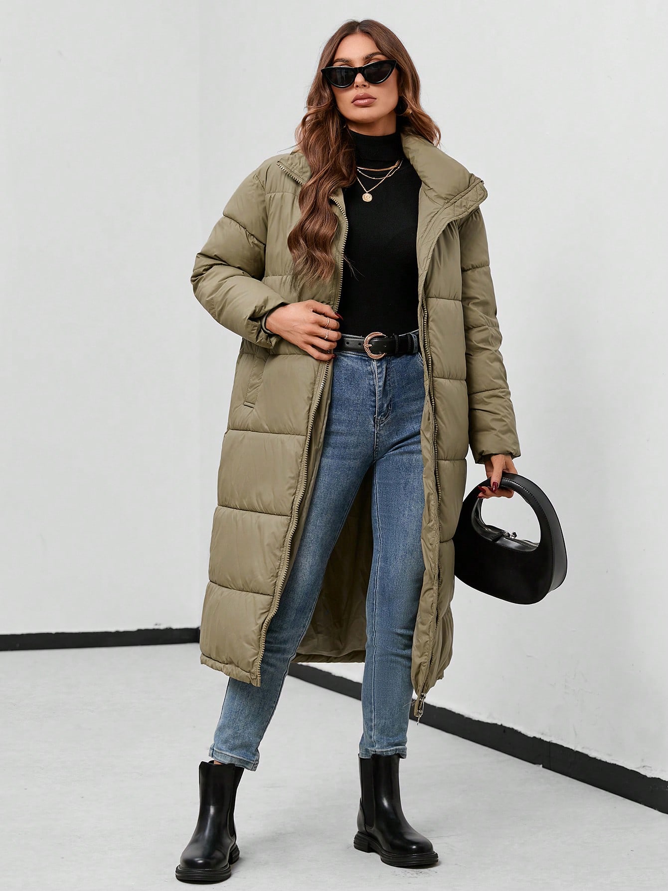 SHEIN Essnce Zip Up Slant Pocket Puffer Coat | SHEIN