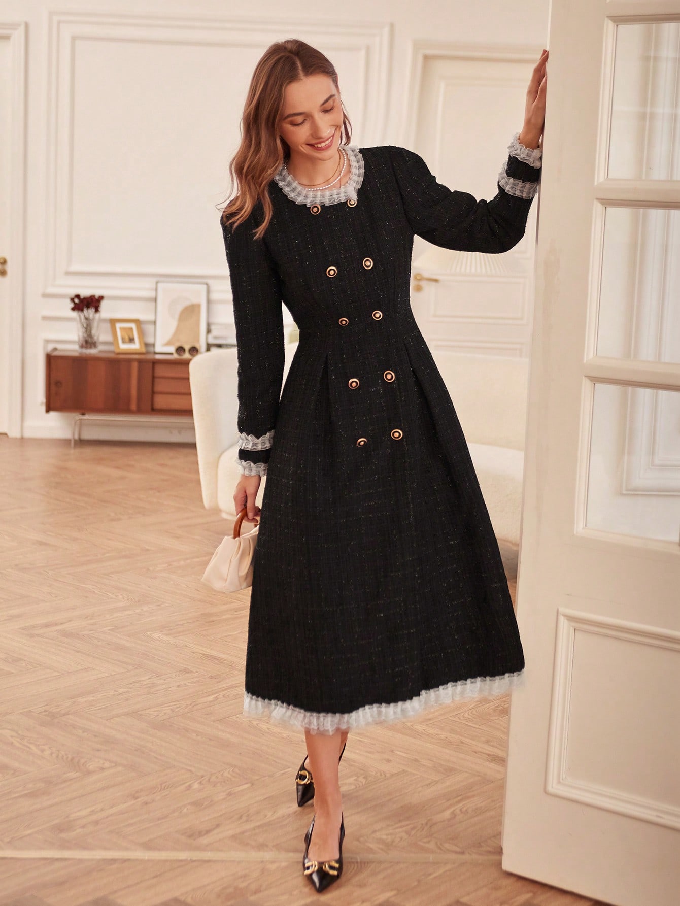 SHEIN Privé Contrast Lace Double Breasted Overcoat | SHEIN USA