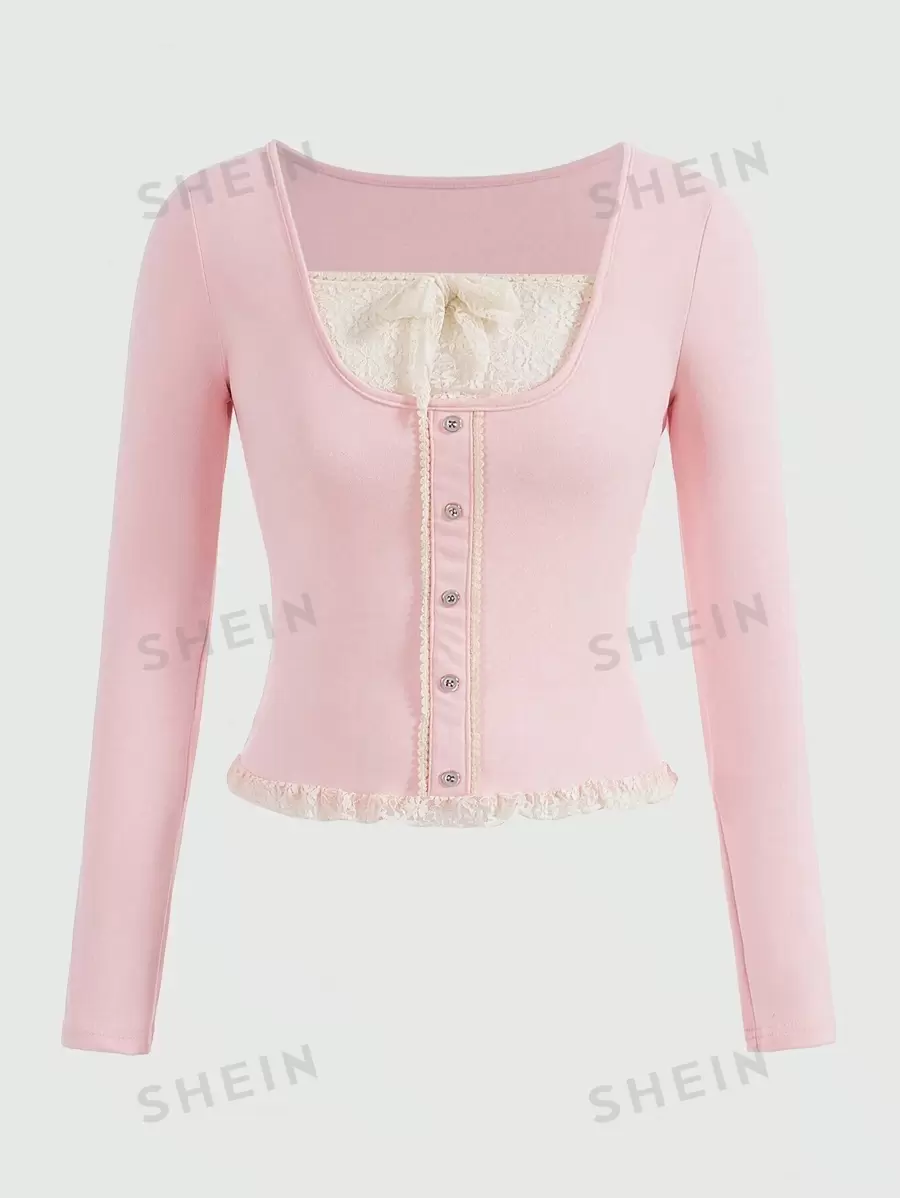 ROMWE Kawaii Contrast Lace Button Front Tee | SHEIN UK