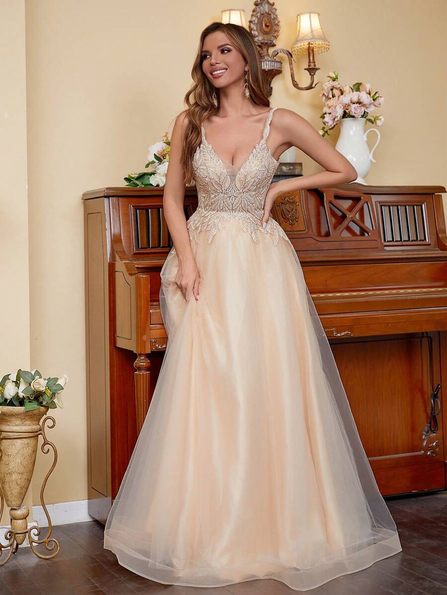 Rhinestone Detail Mesh Cami Prom Dress | SHEIN