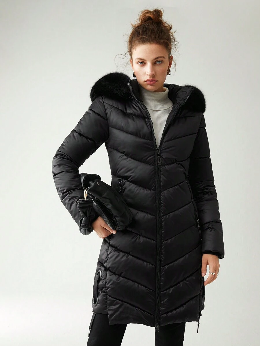 SHEIN Essnce Fuzzy Trim Zipper Hooded Padded Padded Coat Clothes Winter | SHEIN USA