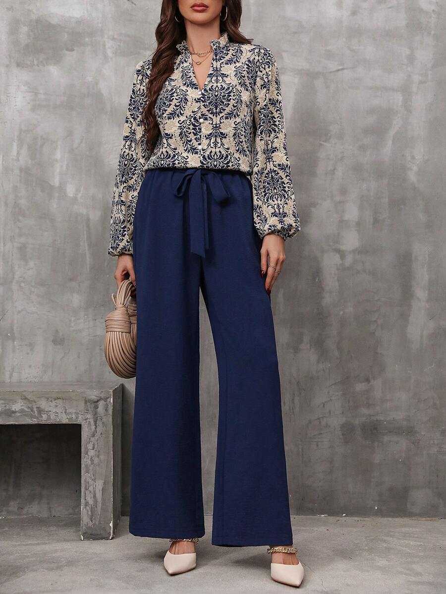SHEIN Clasi Allover Print Lantern Sleeve Blouse & Belted Wide Leg Pants ...