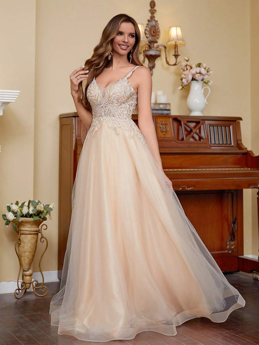 Rhinestone Detail Mesh Cami Prom Dress | SHEIN