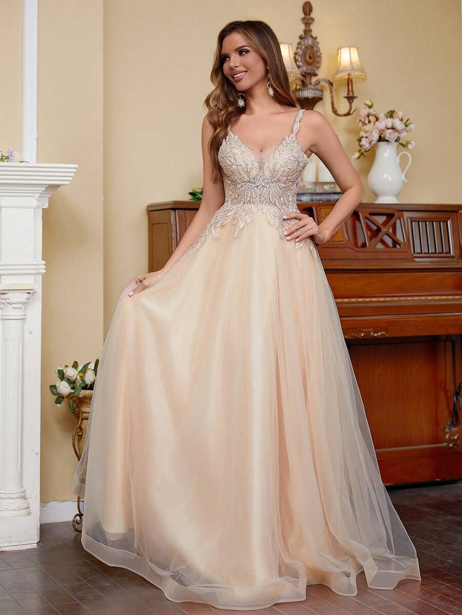 Rhinestone Detail Mesh Cami Prom Dress | SHEIN