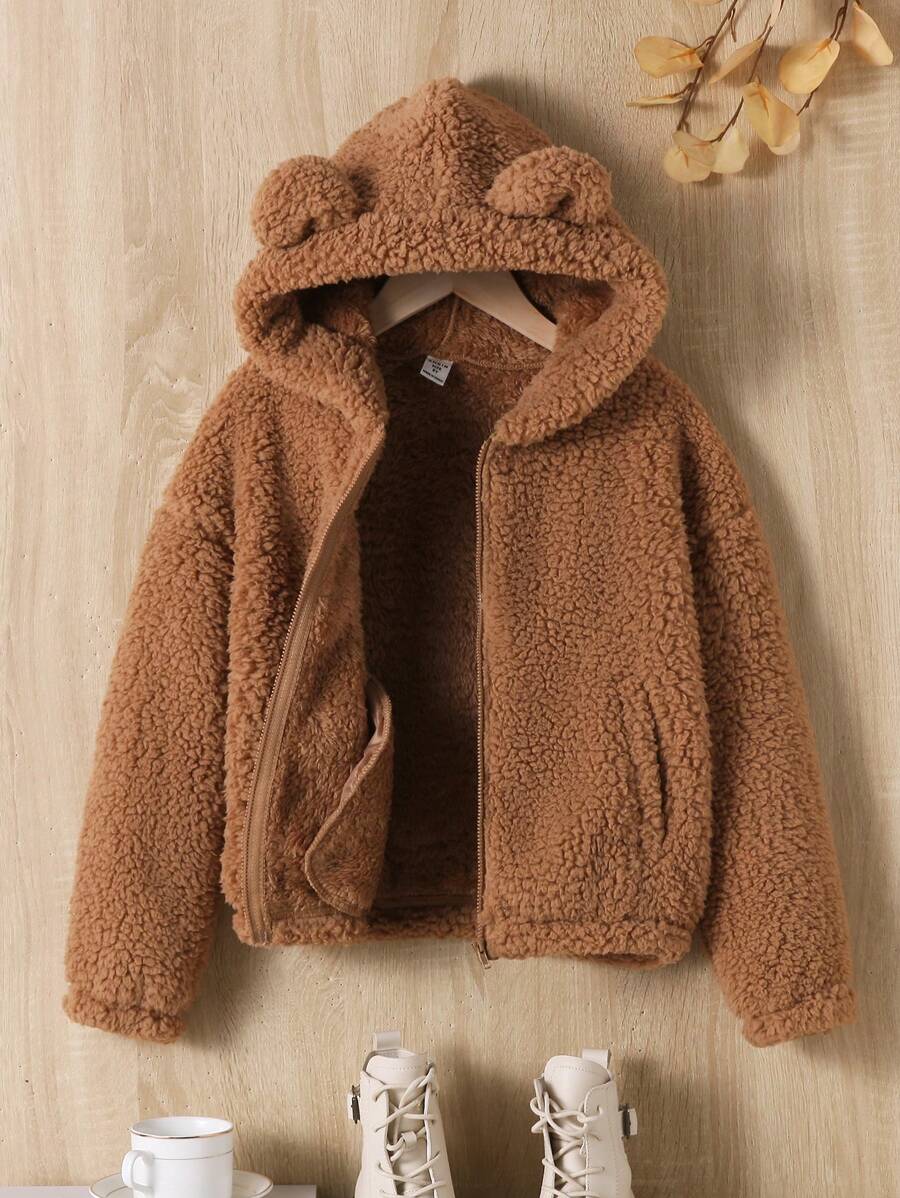 SHEIN Tween Girl 3D Ear Design Hooded Zipper Teddy Jacket | SHEIN USA