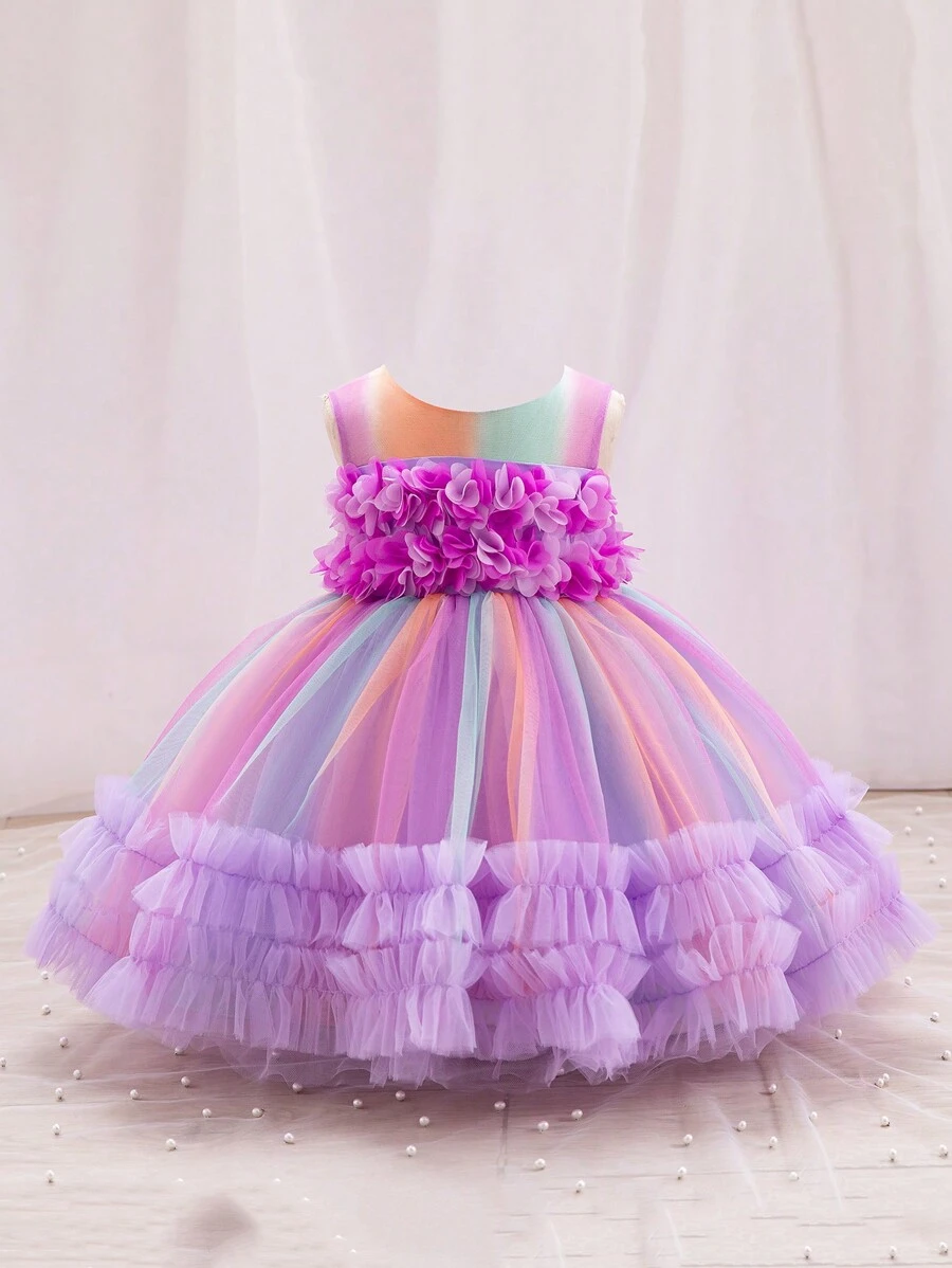 SHEIN Glamorique Kids Baby Girl Elegant Ombre Mesh Dress With Frill Trims, Suitable For Birthday ...