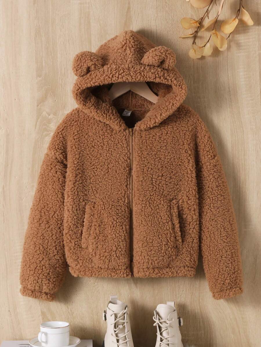 SHEIN Tween Girl 3D Ear Design Hooded Zipper Teddy Jacket | SHEIN USA
