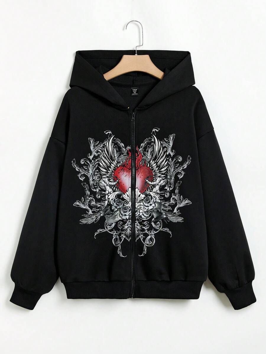 SHEIN EZwear Plus Heart & Wings Print Drop Shoulder Zip Up Hoodie ...