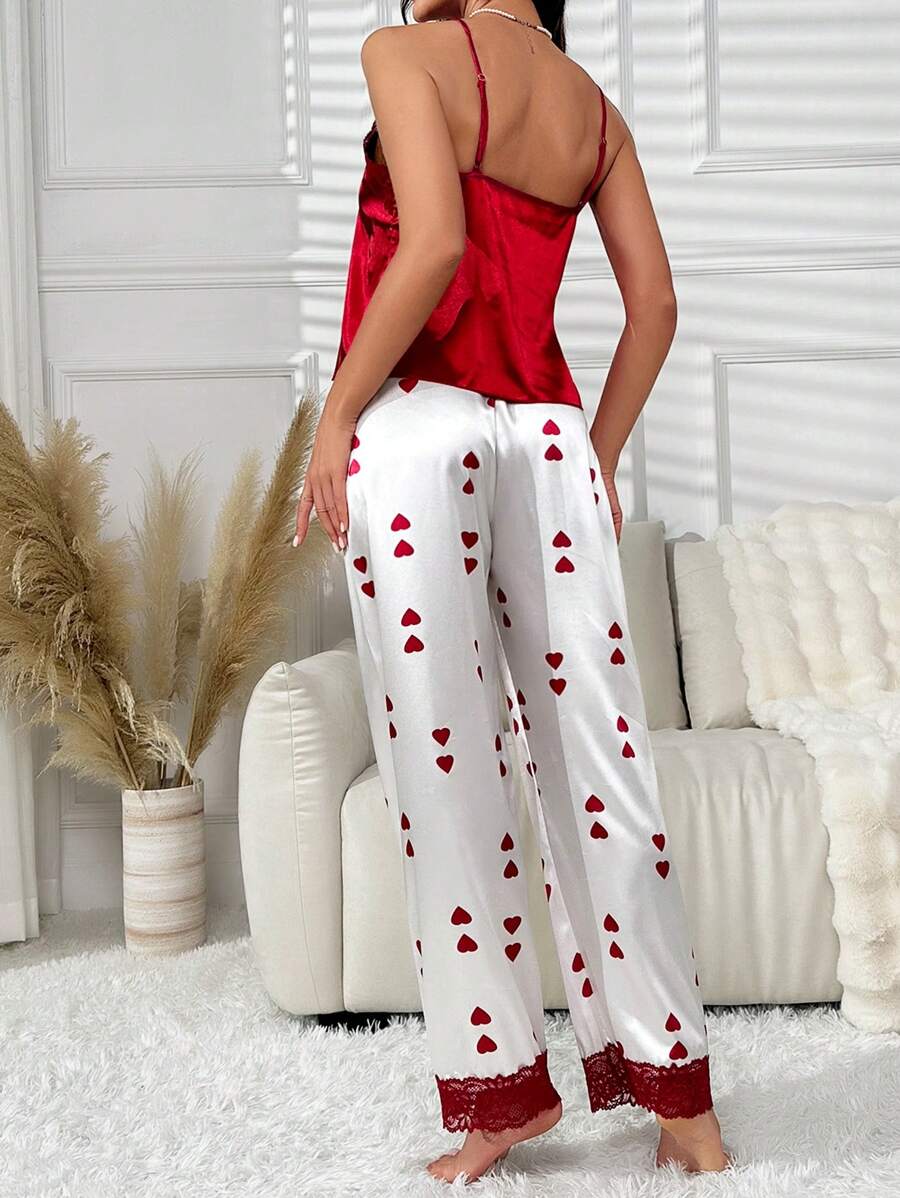 Heart Print Contrast Lace Satin PJ Set / Pajama Set | SHEIN USA